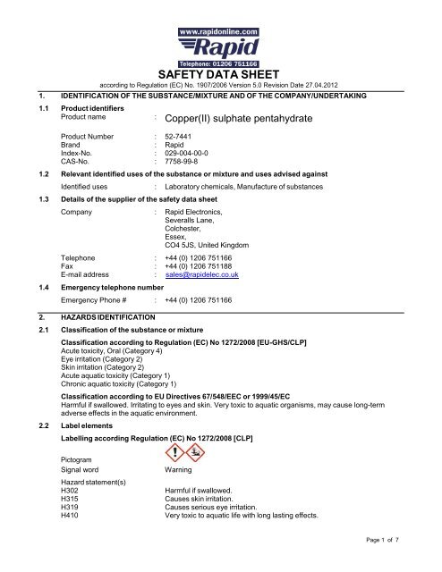 Safety Data Sheet - Rapid Electronics