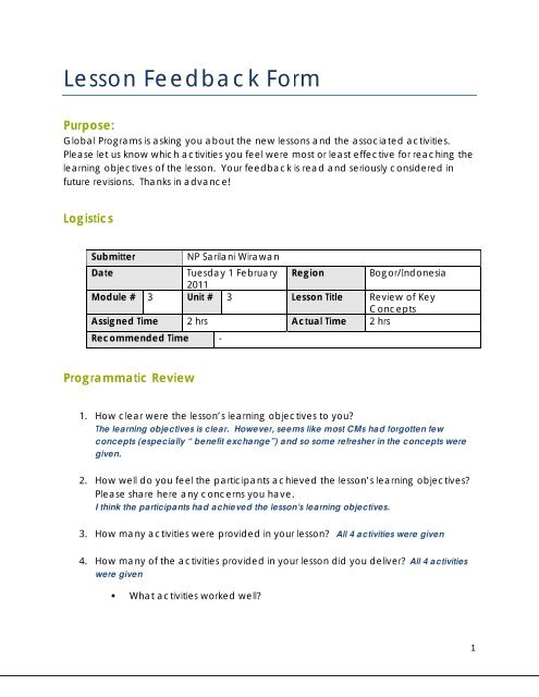 Lesson Feedback Form - RarePlanet