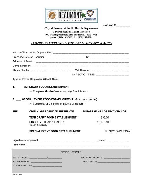 Temporary Food Establishment Permit Application - City of Beaumont