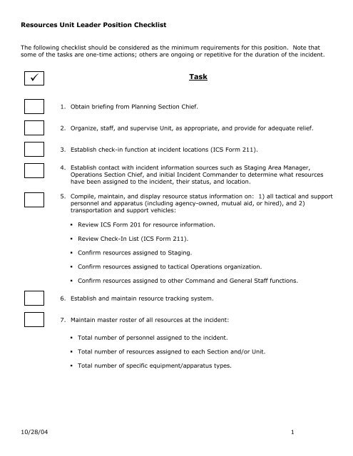 Resources Unit Leader Position Checklist