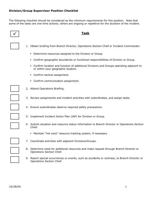 Division/Group Supervisor Position Checklist