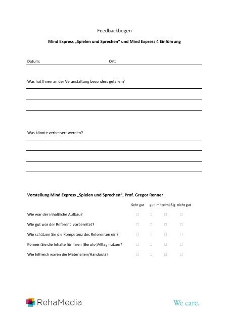 Feedbackbogen Mind Express Workshops - Reha Media
