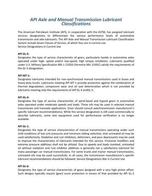 API Axle and Manual Transmission Lubricant Classifications