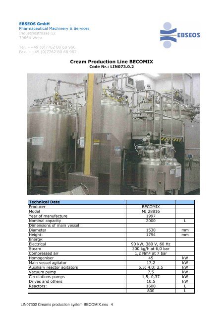 Cream Production Line BECOMIX - Ebseos Gmbh