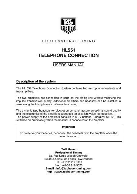 HL551 TELEPHONE CONNECTION - TAG Heuer Timing Systems
