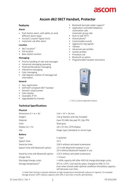 Data Sheet, Ascom d62 DECT Handset, Protector, TD ... - Ascom US