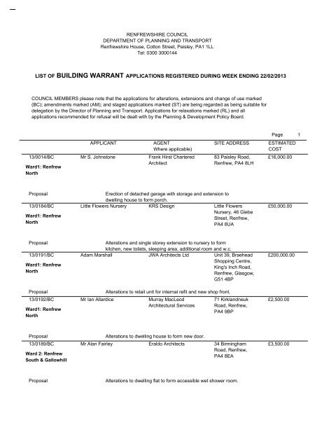 list of building warrant applications registered during week ending ...
