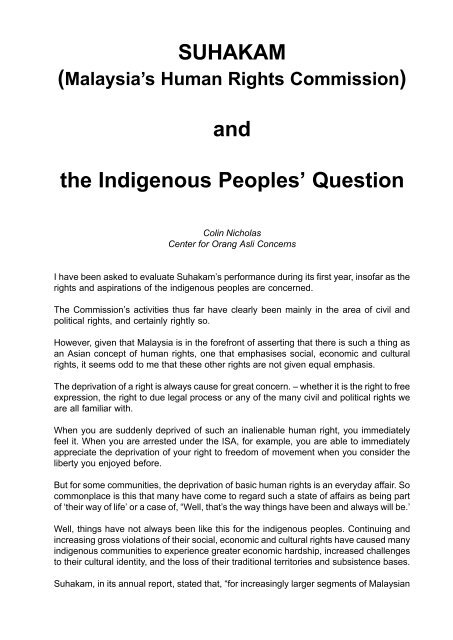 SUHAKAM and the Indigenous Peoples' Question - Rengah Sarawak
