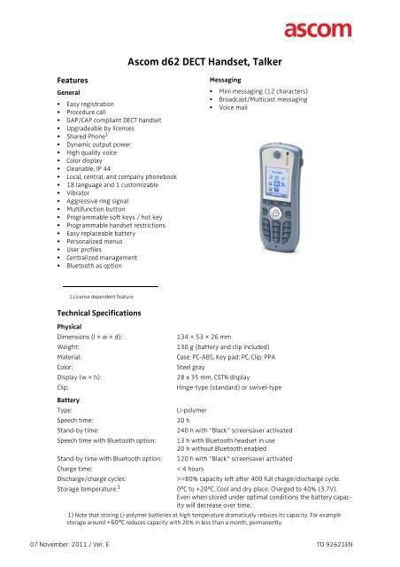 Ascom D62 Dect Handset Talker Ascom Us