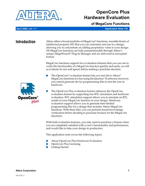 AN 176: OpenCore Plus Hardware Evaluation of MegaCore Functions