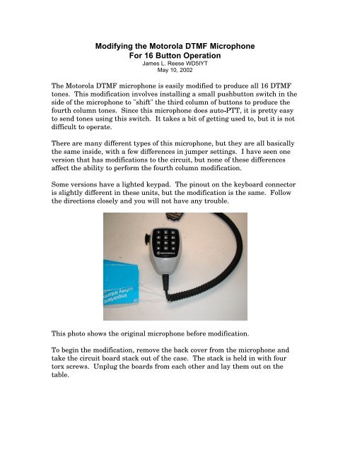 Modifying the Motorola DTMF Microphone For 16 Button Operation