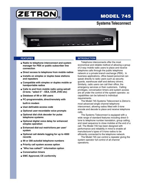 Zetron 745 Brochure - The Repeater Builder's Technical Information ...
