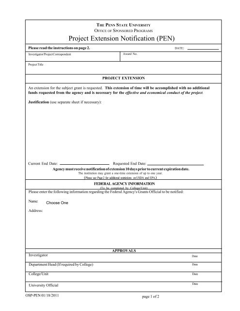 Project Extension Notification (PEN) Form - Penn State University