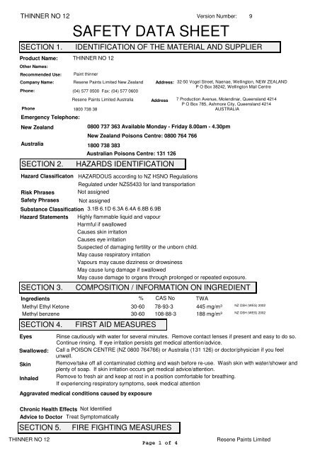 Safety Data Sheet for Resene Thinner No 12 paint thinner