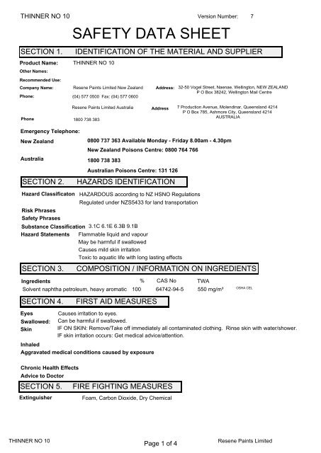 SDS for Resene Thinner No 10 paint thinner