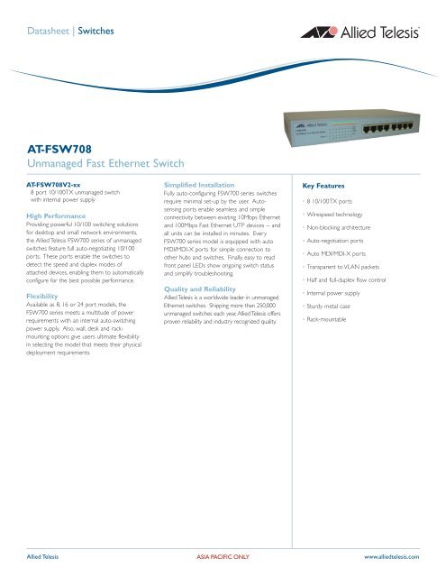 AT-FSW708 Datasheet - Allied Telesis