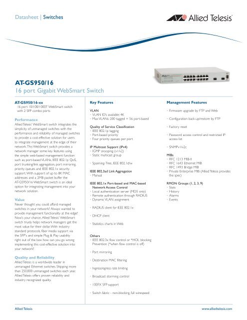 AT-GS950/16 datasheet - Allied Telesis