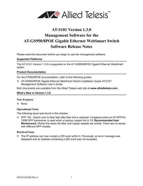 AT-S101 Version 1.3.0 Management Software for the ... - Allied Telesis