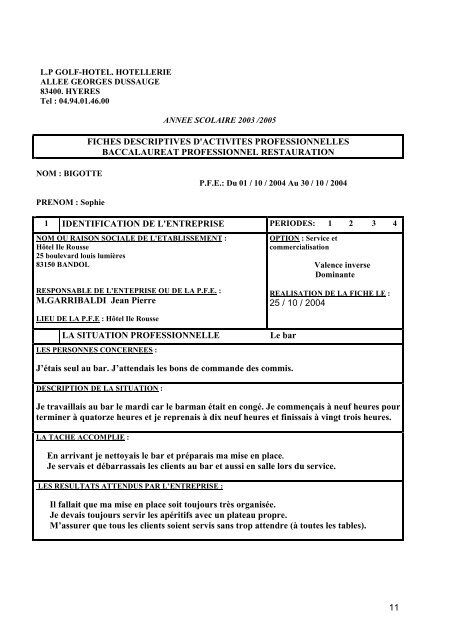 11 fiches descriptives d'activites professionnelles ... - Restocours.net