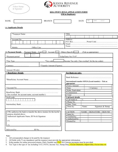 KRA SWIFT /RTGS APPLICATION FORM - Kenya Revenue Authority