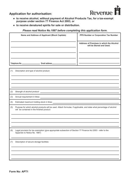 Form APT1 - Application for Authorisation - Revenue Commissioners