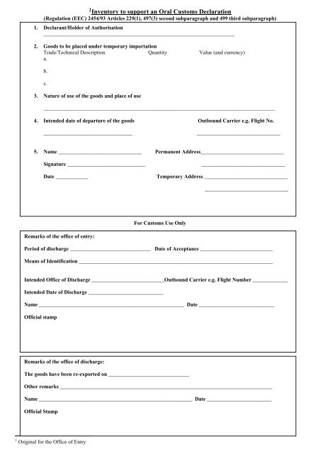 Inventory to support an Oral Customs Declaration