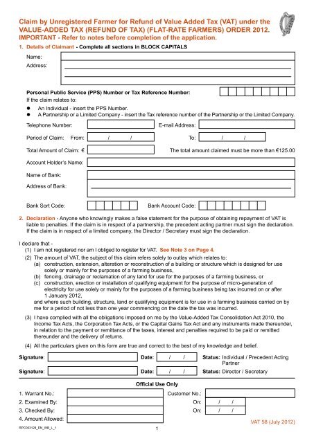 Form VAT 58 - Revenue Commissioners