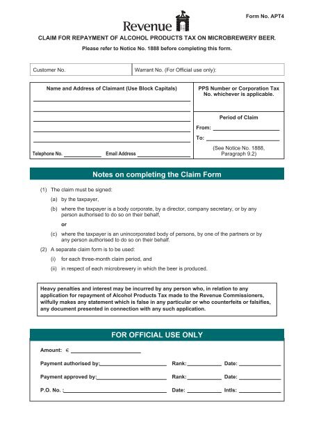 Form No. APT4 - Revenue Commissioners