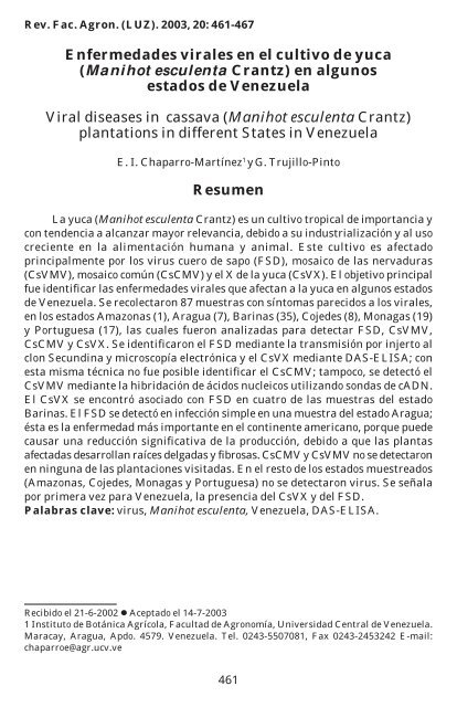 Enfermedades virales en el cultivo de yuca (Manihot esculenta Crantz)