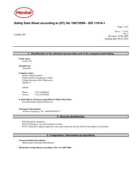 Safety Data Sheet Loctite Â® 241 - REYHER