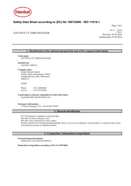 Safety Data Sheet Loctite Â® 272 - REYHER