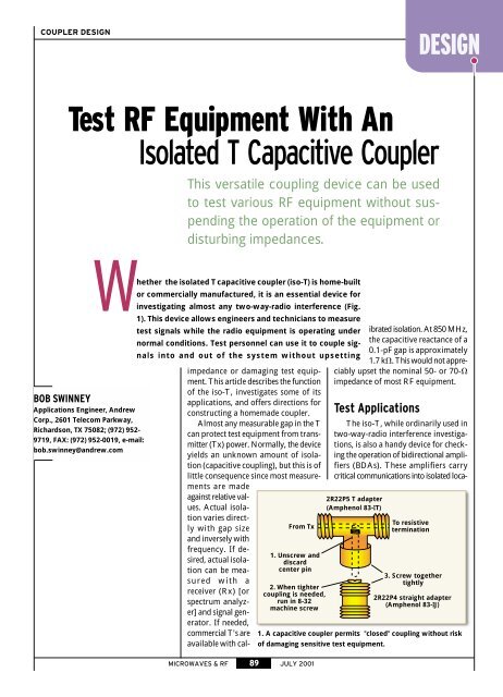 Test RF Equipment With An Isolated T Capacitive Coupler