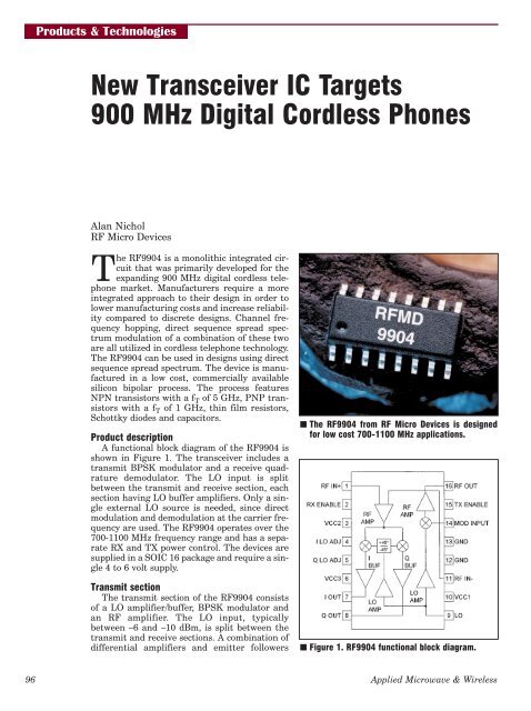 New Transceiver IC Targets 900 MHz Digital Cordless Phones