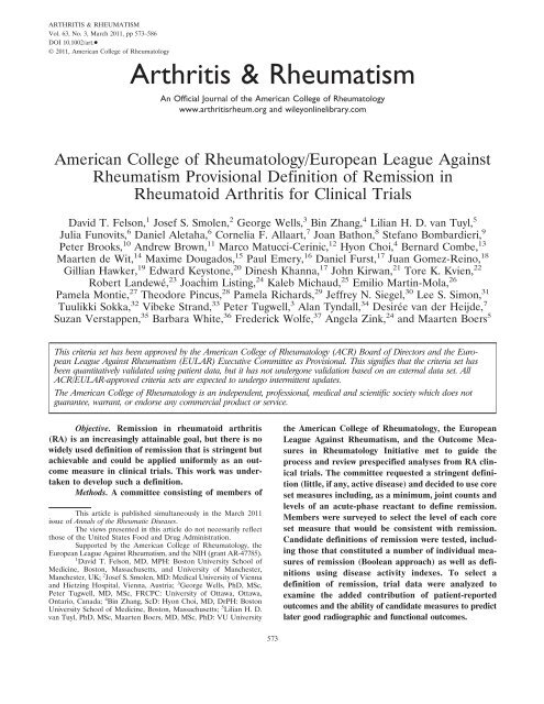 ACR/EULAR Provisional Definition of Remission in RA Clinical Trials