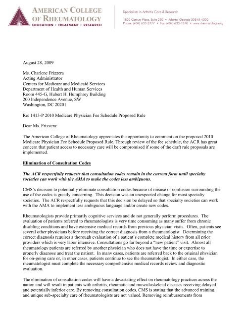 ACR Letter to CMS - American College of Rheumatology