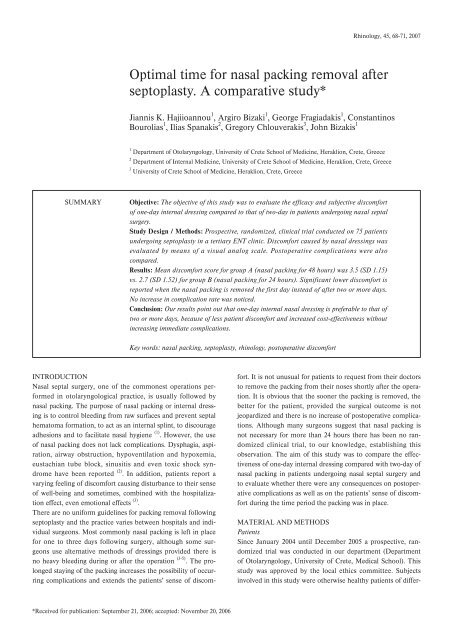 Optimal time for nasal packing removal after septoplasty - Rhinology ...