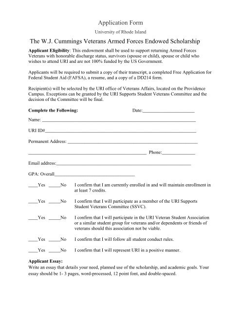 Application Form The W.J. Cummings Veterans Armed Forces ...