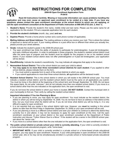 PI-9410 Open Enrollment Application Form - Rib Lake High School