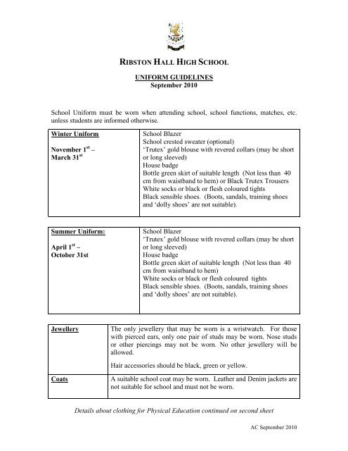 RIBSTON HALL HIGH SCHOOL UNIFORM GUIDELINES ...