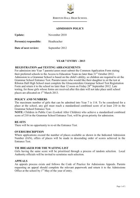 Admission Policy 2013 - Ribston Hall High School