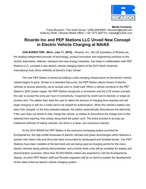 Ricardo Inc and PEP Stations LLC Unveil New Concept in Electric ...
