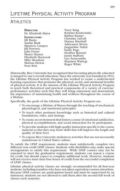 Lifetime Physical Activity Program - Rice University