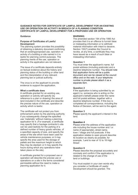 guidance notes for certificate of lawful development for an existing ...