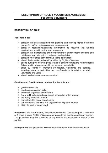 DESCRIPTION OF ROLE & VOLUNTEER ... - Rights of Women