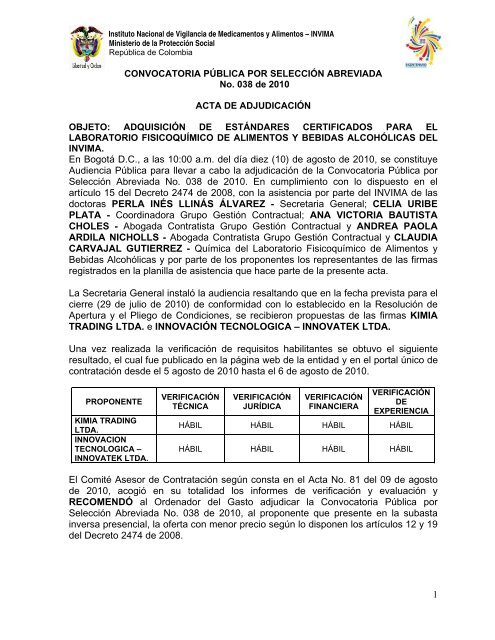 Acta de Adjudicación - Invima