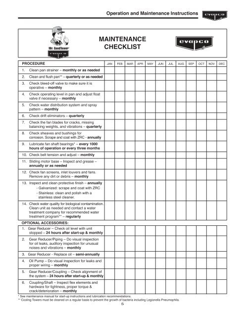 Evapco Cooling Tower Maintenance Checklist - Design Talk