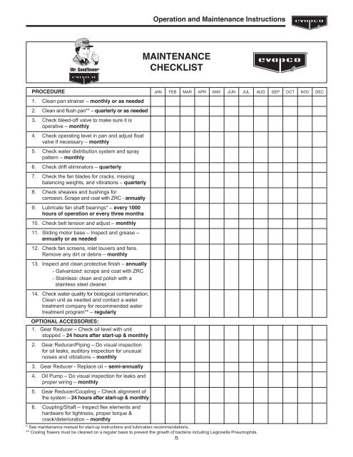 MAINTENANCE CHECKLIST - Evapco MAINTENANCE CHECKLIST - Evapco