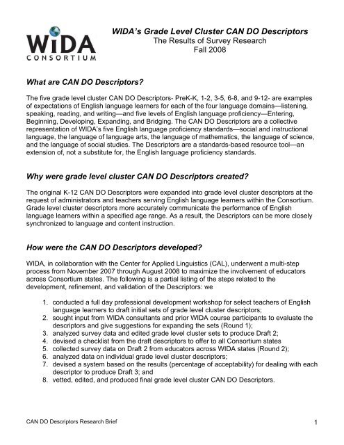 WIDA's Grade Level Cluster CAN DO Descriptors: The Results of ...