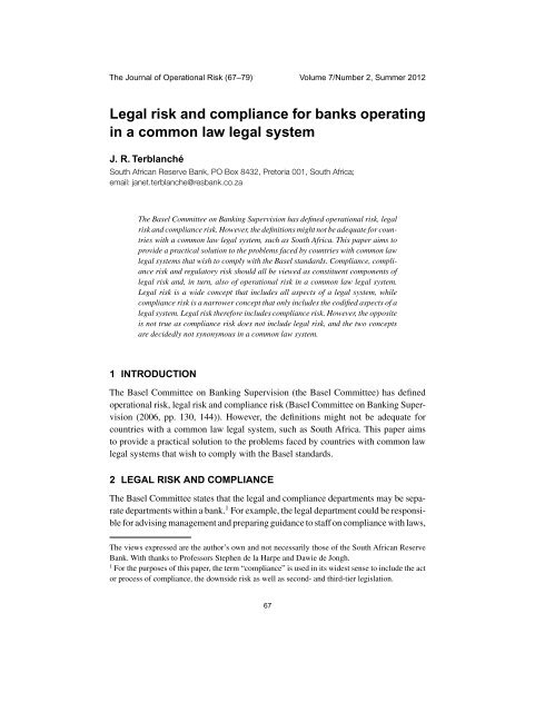 Legal risk and compliance for banks operating in a ... - Risk.net