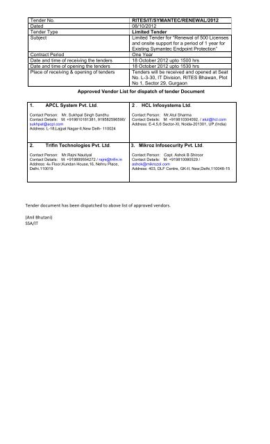 Approved Vendor List for dispatch of tender Document 1 ... - Rites